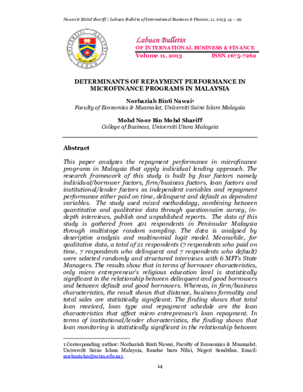 (PDF) Determinants of Repayment Performance in Microfinance Programs in Malaysia