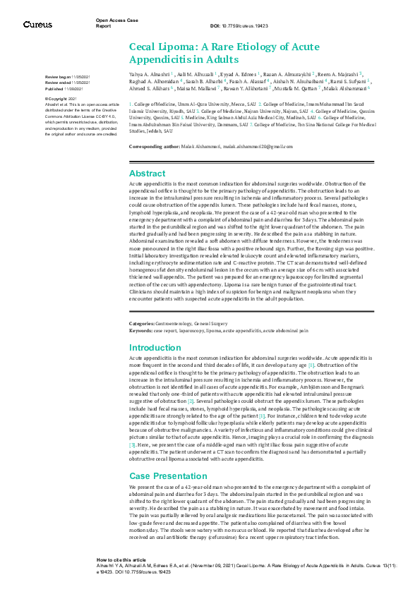 Pdf Cecal Lipoma A Rare Etiology Of Acute Appendicitis In Adults Rawan Alkhotani