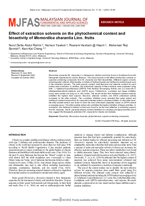 (PDF) Effect of extraction solvents on the phytochemical content and bioactivity of Momordica ...