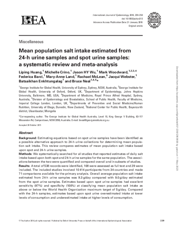 (PDF) Mean population salt intake estimated from 24-h urine samples and ...