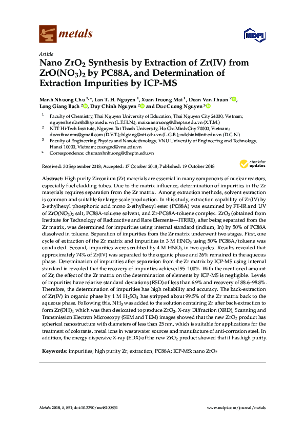 (PDF) Nano ZrO2 Synthesis by Extraction of Zr(IV) from ZrO(NO3)2 by PC88A, and Determination of ...