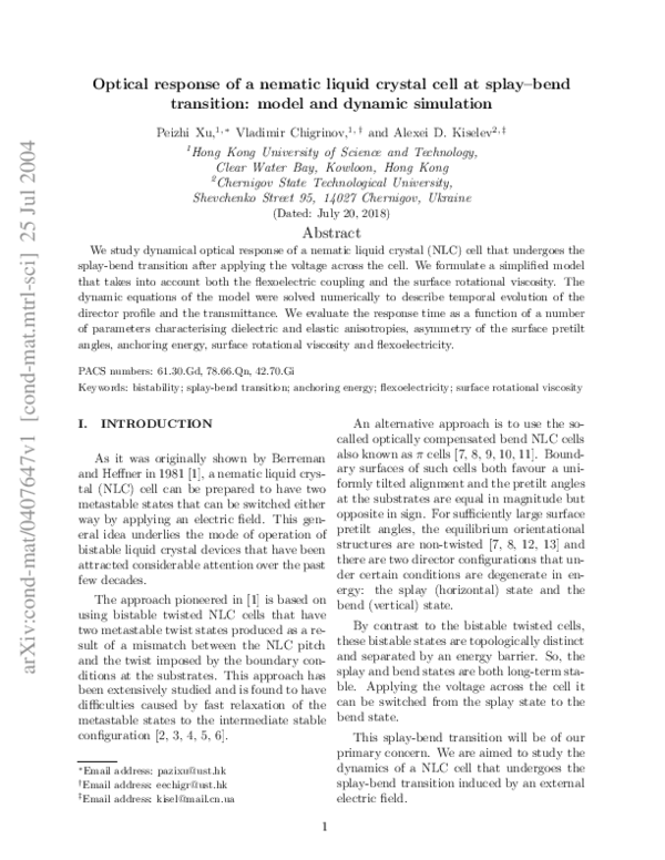(PDF) Optical response of a nematic liquid crystal cell at the splay – bend transition: a model ...