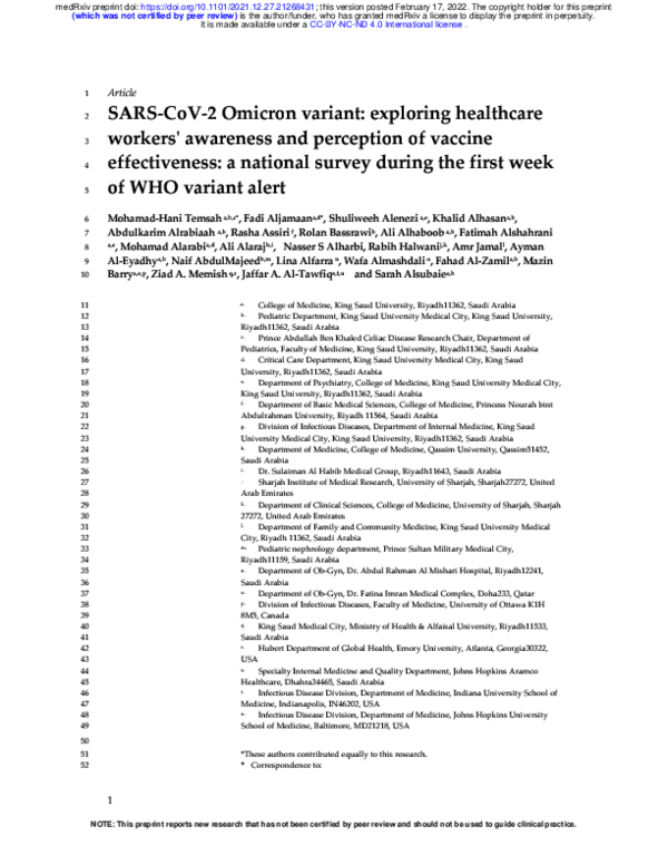 (PDF) SARS-CoV-2 Omicron variant: exploring healthcare workers’ awareness and perception of ...