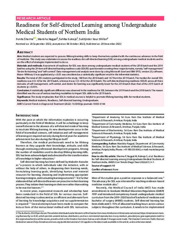 (PDF) Readiness for Self-directed Learning among Undergraduate Medical Students of Northern India