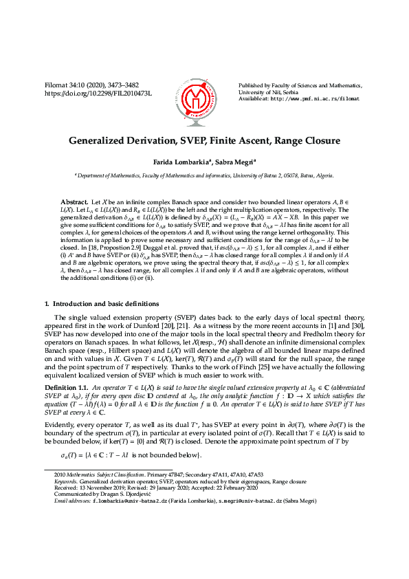(PDF) Generalized derivation, SVEP, finite ascent, range closure