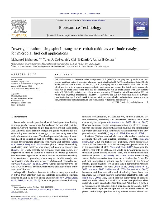 (PDF) Power generation using spinel manganese–cobalt oxide as a cathode catalyst for microbial ...
