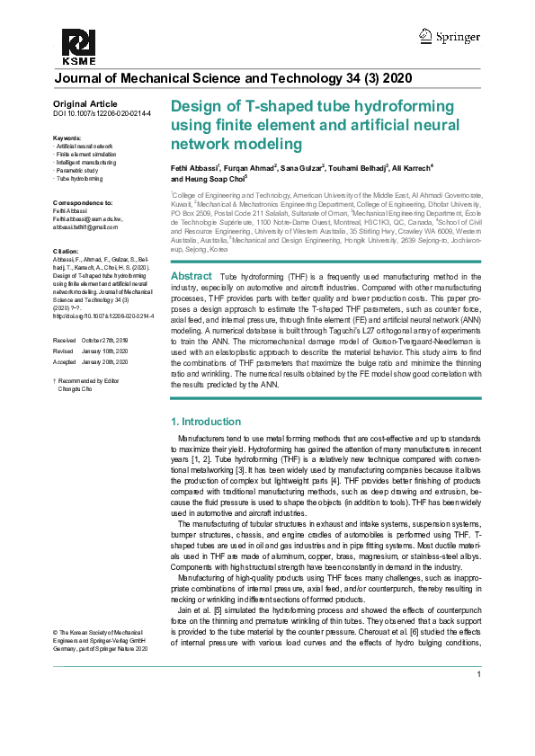 (PDF) Design of T-shaped tube hydroforming using finite element and artificial neural network ...