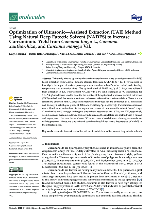 (PDF) Optimization of Ultrasonic—Assisted Extraction (UAE) Method Using ...