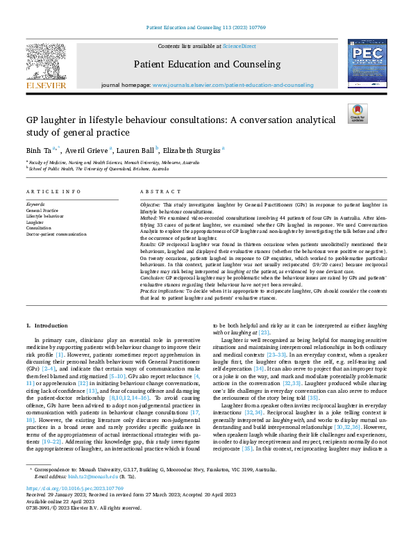 (PDF) GP laughter in lifestyle behaviour consultations: A conversation ...