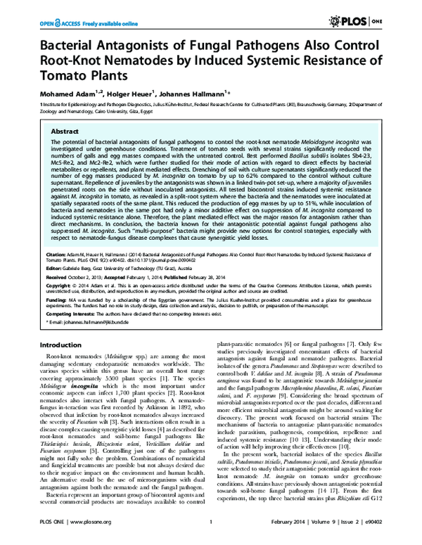 (PDF) Bacterial Antagonists of Fungal Pathogens Also Control Root-Knot Nematodes by Induced ...