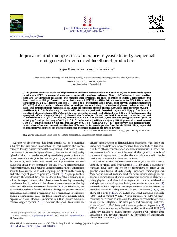 (PDF) Improvement of multiple stress tolerance in yeast strain by sequential mutagenesis for ...