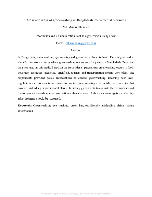 (PDF) Areas and ways of greenwashing in Bangladesh: the remedial measures