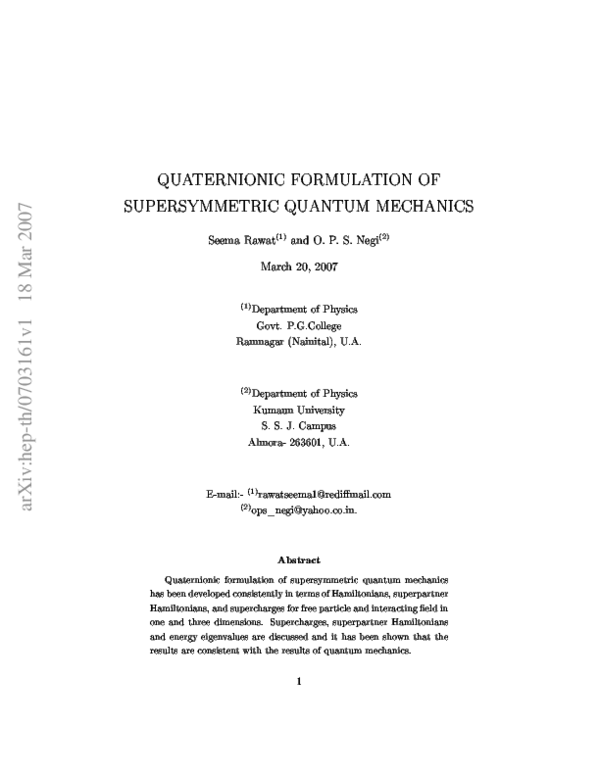 (PDF) Quaternionic Formulation of Supersymmetric Quantum Mechanics