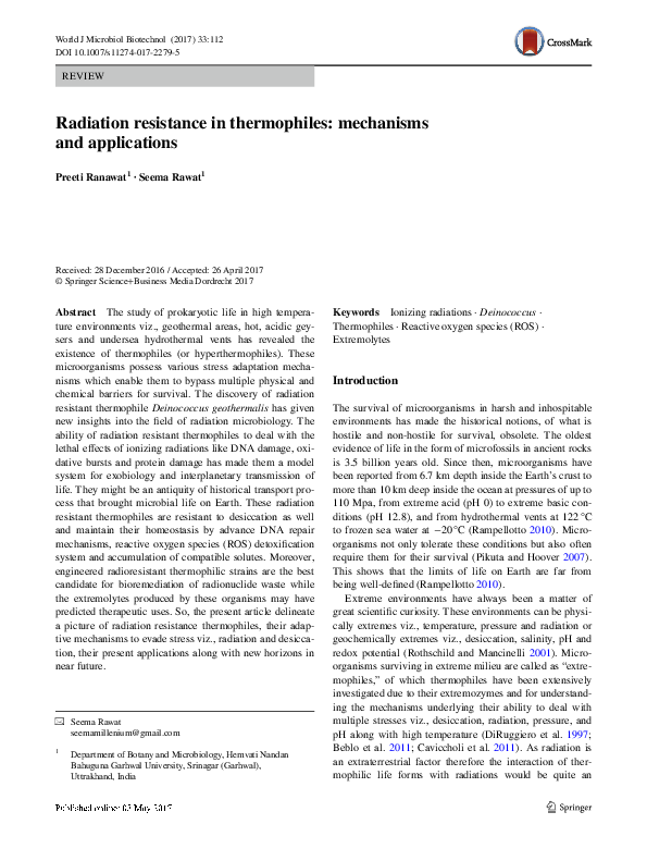 (PDF) Radiation resistance in thermophiles: mechanisms and applications