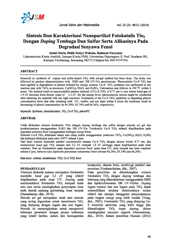 Sintesis Dan Karakterisasi Nanopartikel Fotokatalis Tio2 Dengan Doping ...