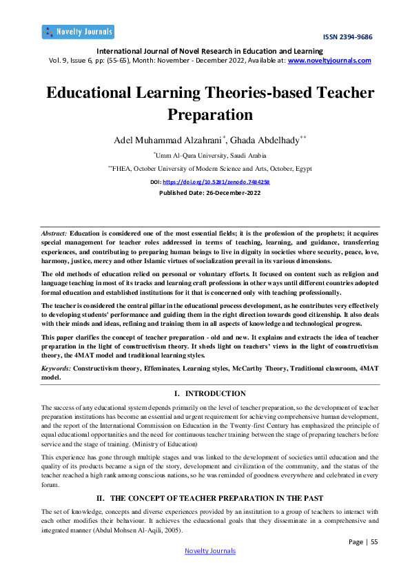 (PDF) Educational Learning Theories-based Teacher Preparation (PDF) Educational Learning Theories-based Teacher Preparation