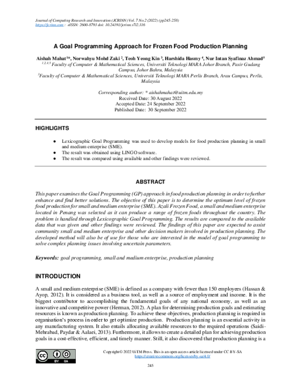 (PDF) Goal Programming Approach For Frozen Food Production Planning