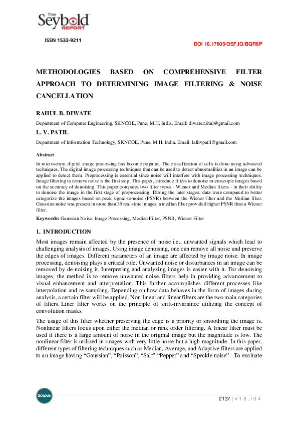 Pdf Methodologies Based On Comprehensive Filter Approach To Determining Image Filtering