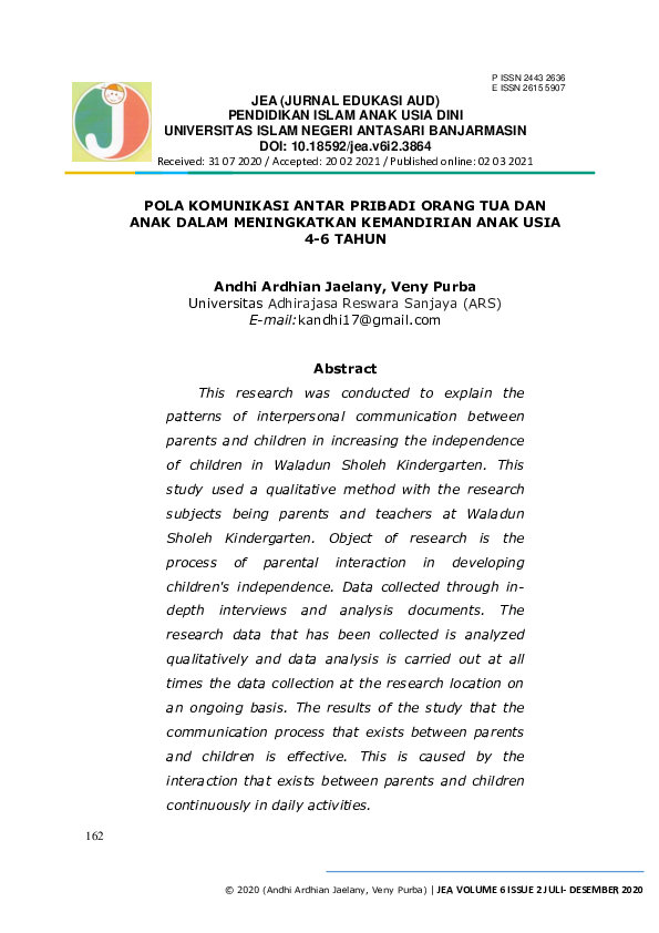 (PDF) Pola Komunikasi Antar Pribadi Orang Tua dan Anak dalam Meningkatkan Kemandirian Anak Usia ...