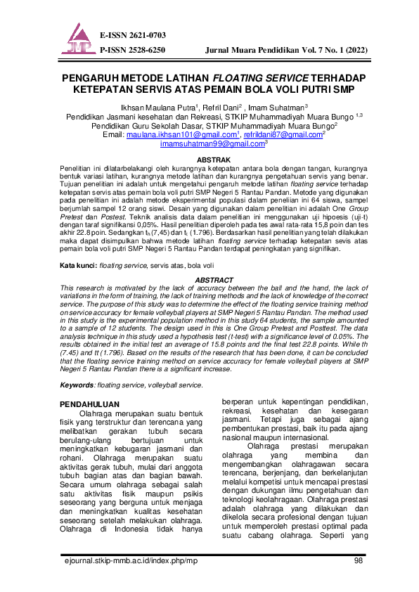(PDF) Pengaruh Metode Latihan Floating Service Terhadap Ketepatan ...