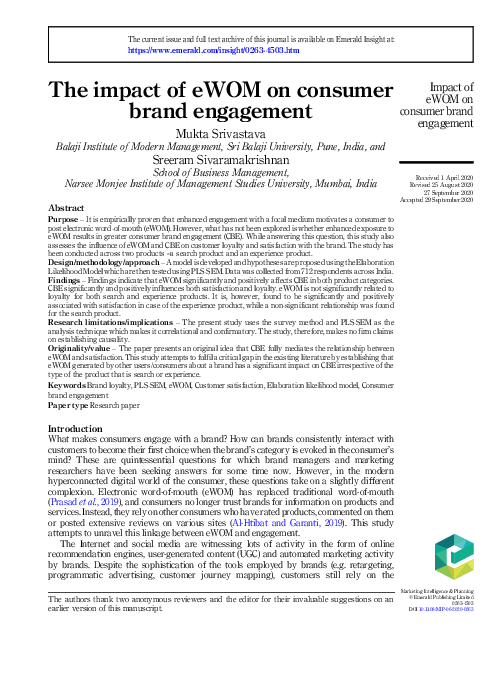 (PDF) The impact of eWOM on consumer brand engagement