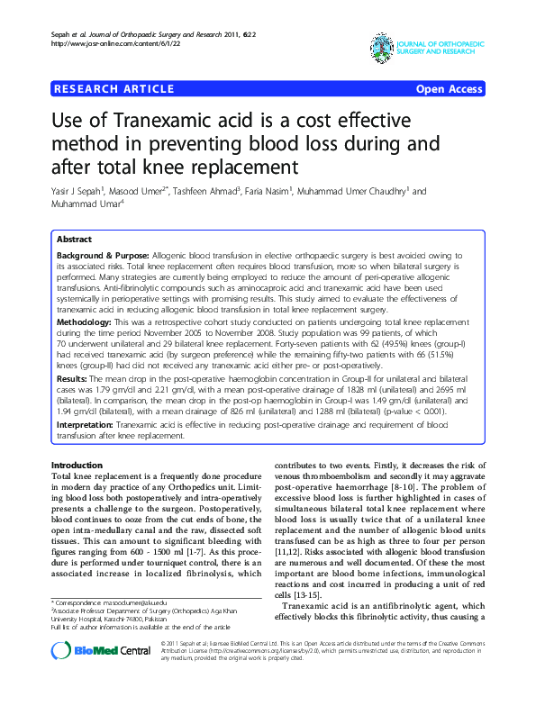 (PDF) Use of Tranexamic acid is a cost effective method in preventing ...