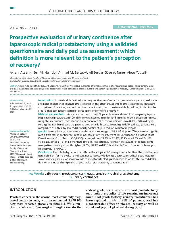 (PDF) Prospective evaluation of urinary continence after laparoscopic ...