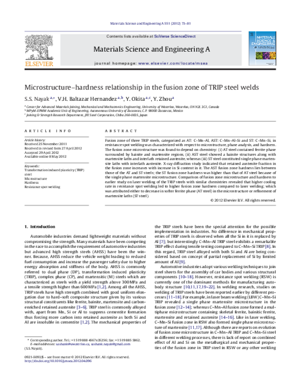 (PDF) Microstructure–hardness relationship in the fusion zone of TRIP steel welds