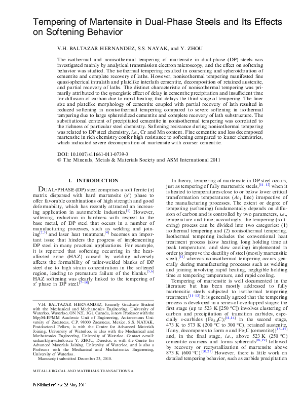 (PDF) Tempering of Martensite in Dual-Phase Steels and Its Effects on Softening Behavior