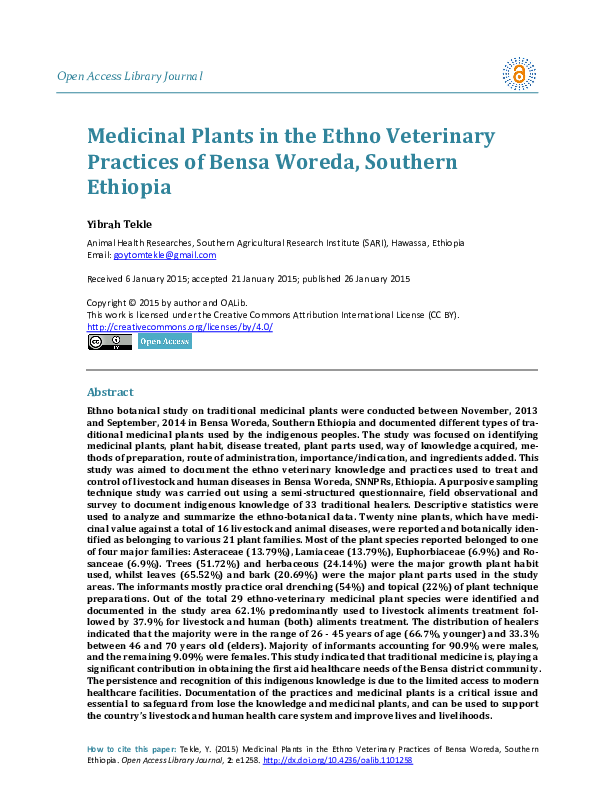 (PDF) Medicinal Plants in the Ethno Veterinary Practices of Bensa ...