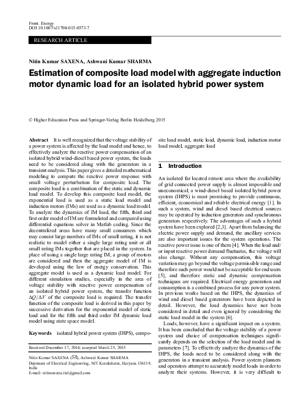Estimation Of Composite Load Model With Aggregate Induction Motor Dynamic Load For An Isolated