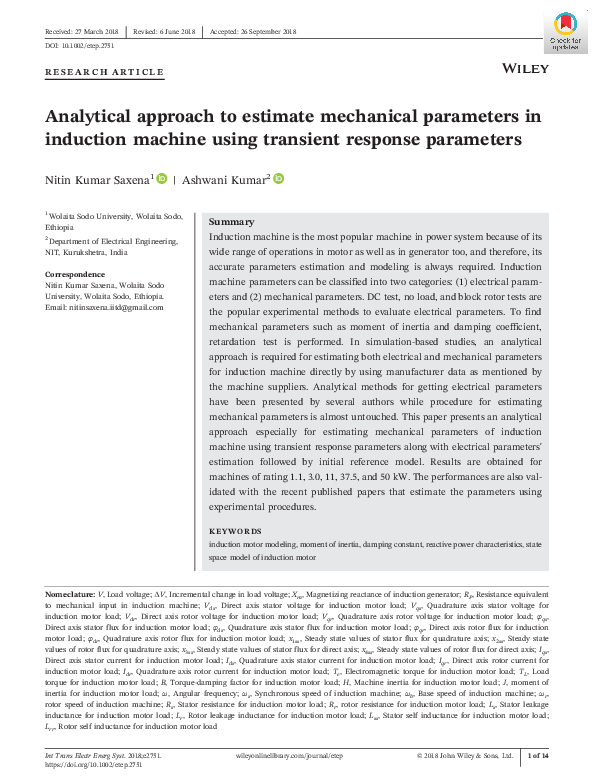 (PDF) Analytical approach to estimate mechanical parameters in induction machine using transient ...