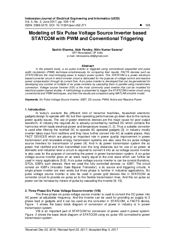 Pdf Modeling Of Six Pulse Voltage Source Inverter Based Statcom With Pwm And Conventional