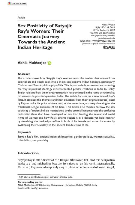 Pdf Sex Positivity Of Satyajit Rays Women Their Cinematic Journey Towards The Ancient Indian 