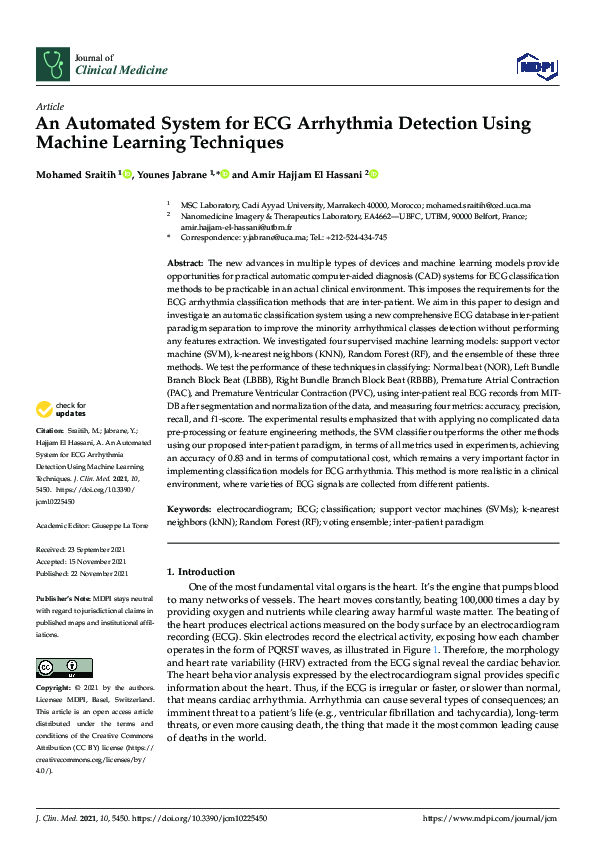 (PDF) An Automated System for ECG Arrhythmia Detection Using Machine Learning Techniques ...