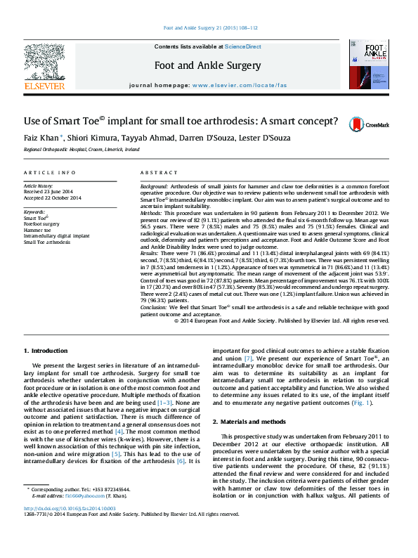 (PDF) Use of Smart Toe© implant for small toe arthrodesis: A smart concept?