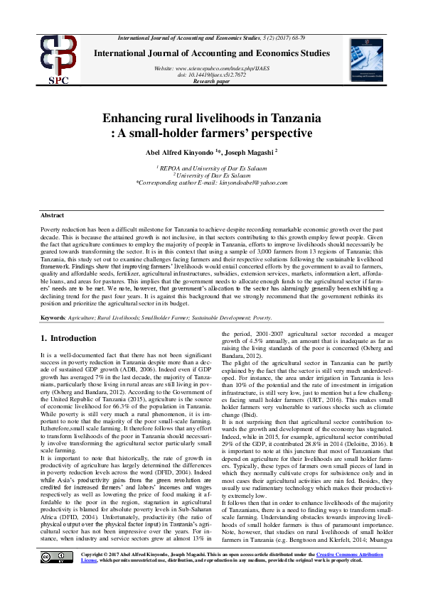 (PDF) Enhancing rural livelihoods in Tanza-nia : A small-holder farmers’ perspective