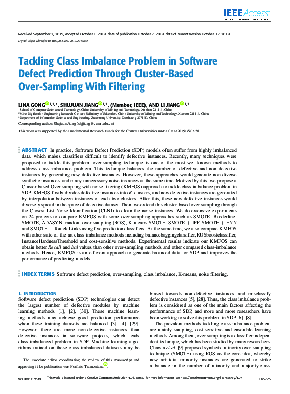 Pdf Tackling Class Imbalance Problem In Software Defect Prediction Through Cluster Based Over 3217