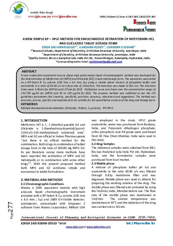 Pdf A New Simple Rp Hplc Method For Simultaneous Estimation Of Metformin Hcl And Gliclazide
