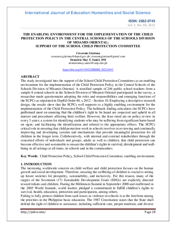 (PDF) THE ENABLING ENVIRONMENT FOR THE IMPLEMENTATION OF THE CHILD PROTECTION POLICY IN THE ...