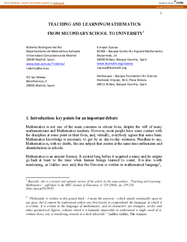 (PDF) Teaching and Learning Mathematics: From Secondary School to ...