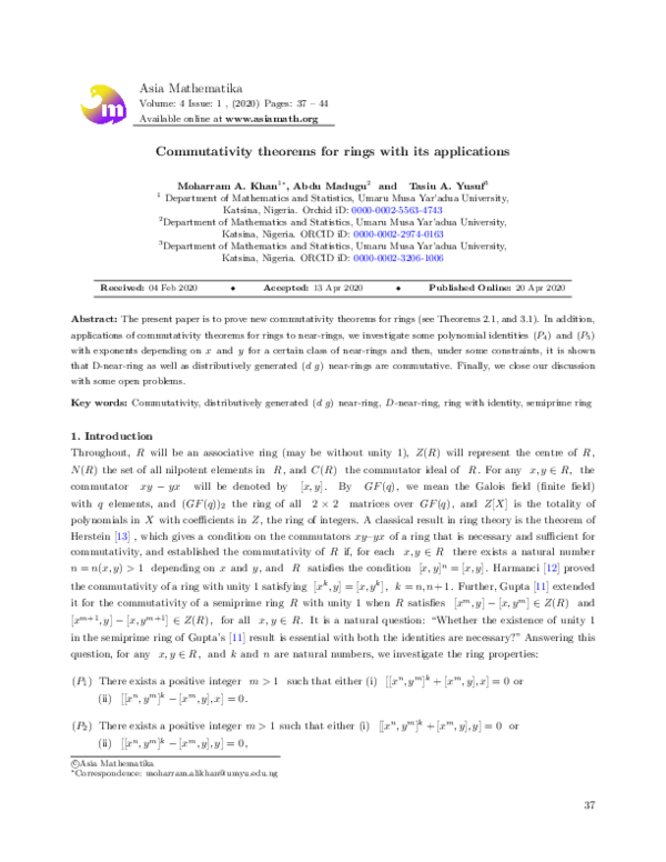 (PDF) Commutativity theorems for rings with its applications