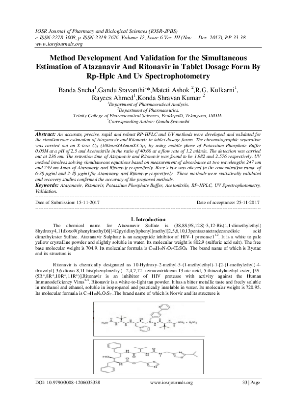 (PDF) Method Development And Validation for the Simultaneous Estimation of Atazanavir And ...