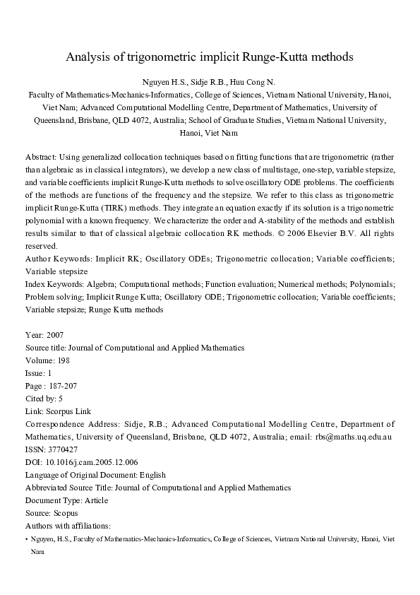 (PDF) Analysis of trigonometric implicit Runge–Kutta methods | Huu Cong Nguyen Huu Cong ...