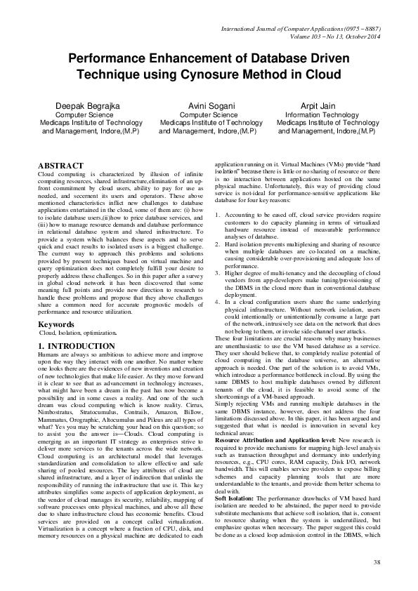 (PDF) Performance Enhancement of Database Driven Technique using Cynosure Method in Cloud