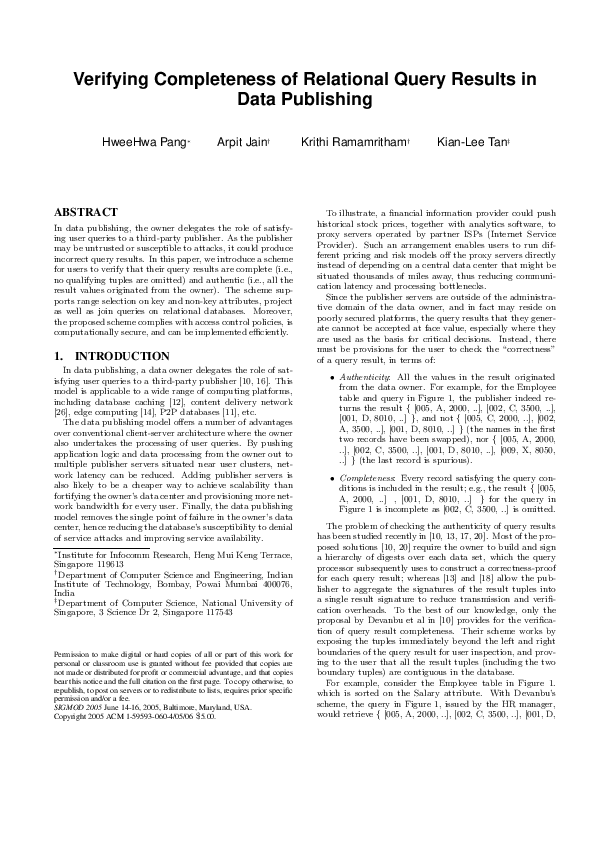 (PDF) Verifying completeness of relational query results in data publishing