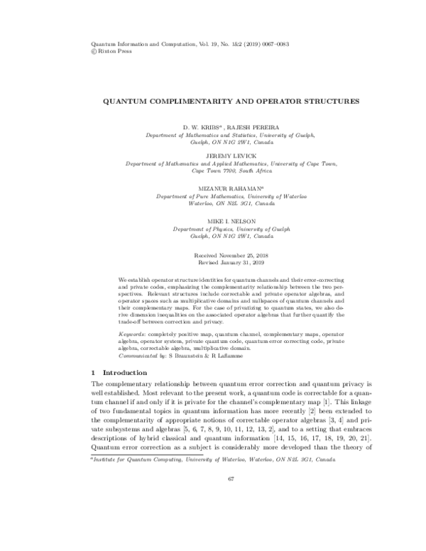 (PDF) Quantum complementarity and operator structures | Md. Mizanur Rahaman - Academia.edu