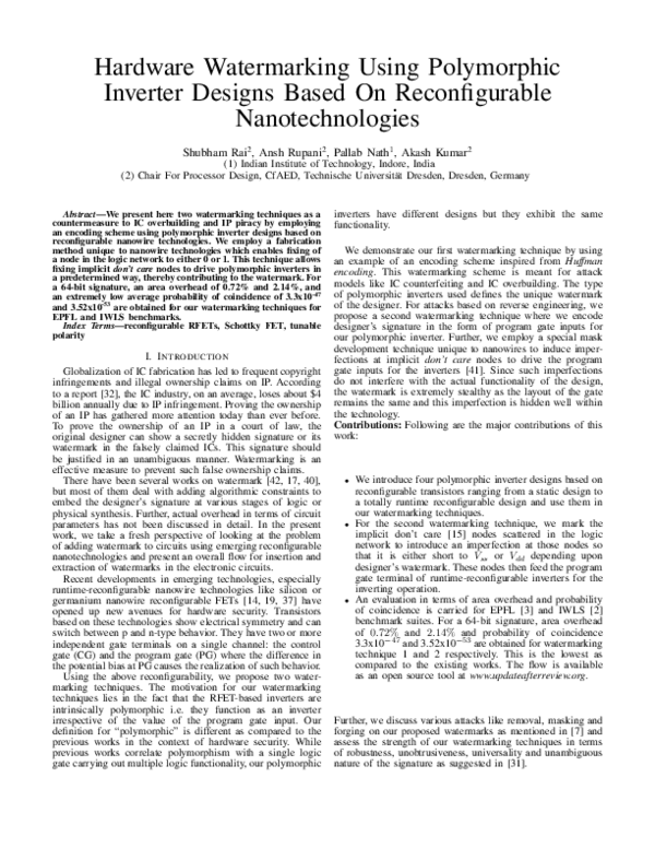 (PDF) Hardware Watermarking Using Polymorphic Inverter Designs Based On Reconfigurable ...