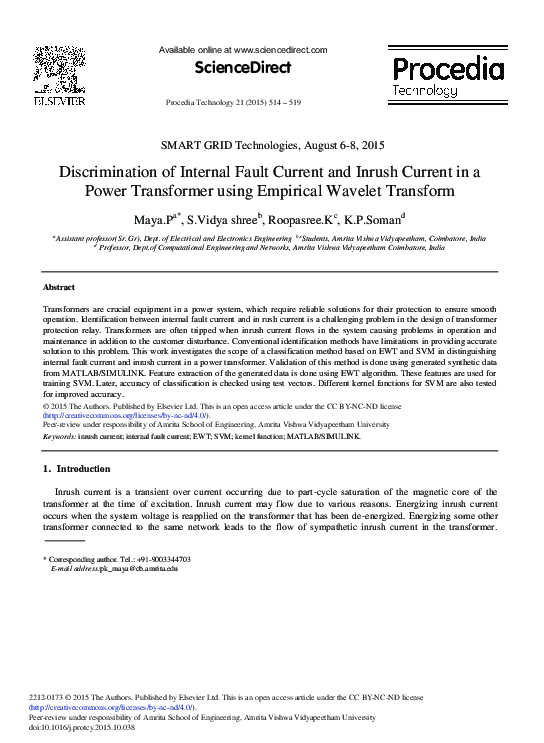 Pdf Discrimination Of Internal Fault Current And Inrush Current In A Power Transformer Using