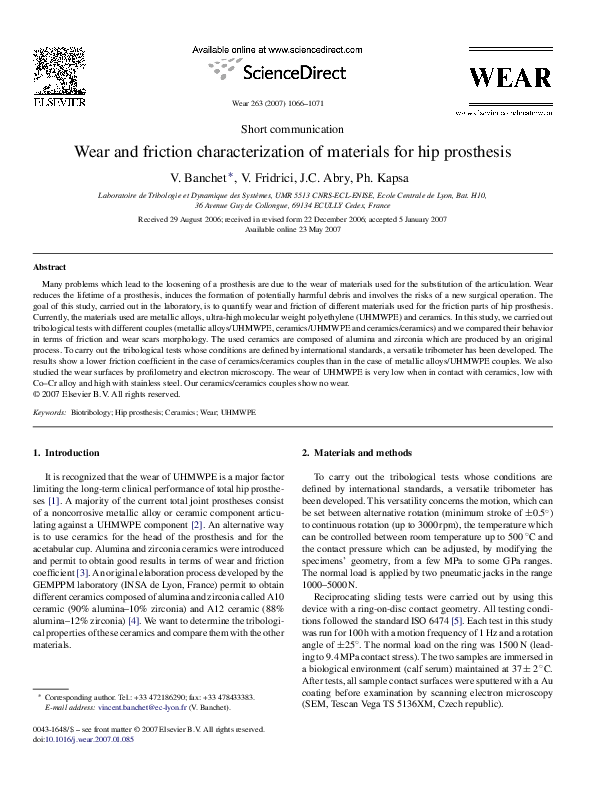 (PDF) Wear and friction characterization of materials for hip prosthesis